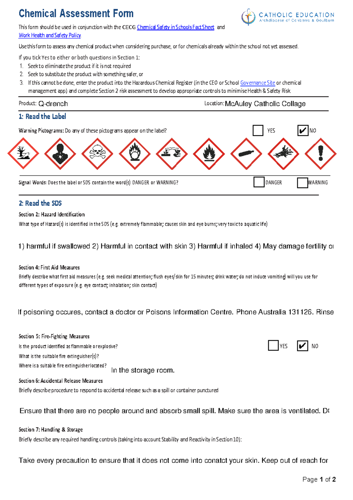 Hazardous chemical assessment form - Page 1 of 2 Chemical Assessment ...