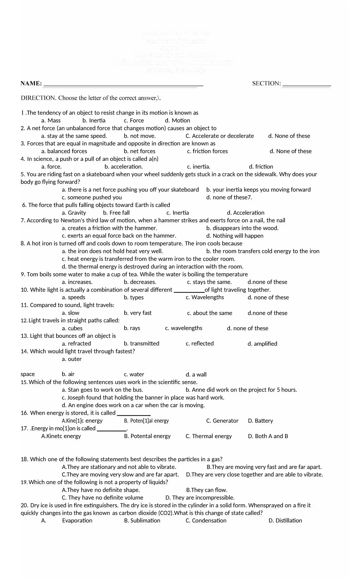 Physics Quiz: Forces, Motion, and Energy Concepts (Course Code: F03 ...