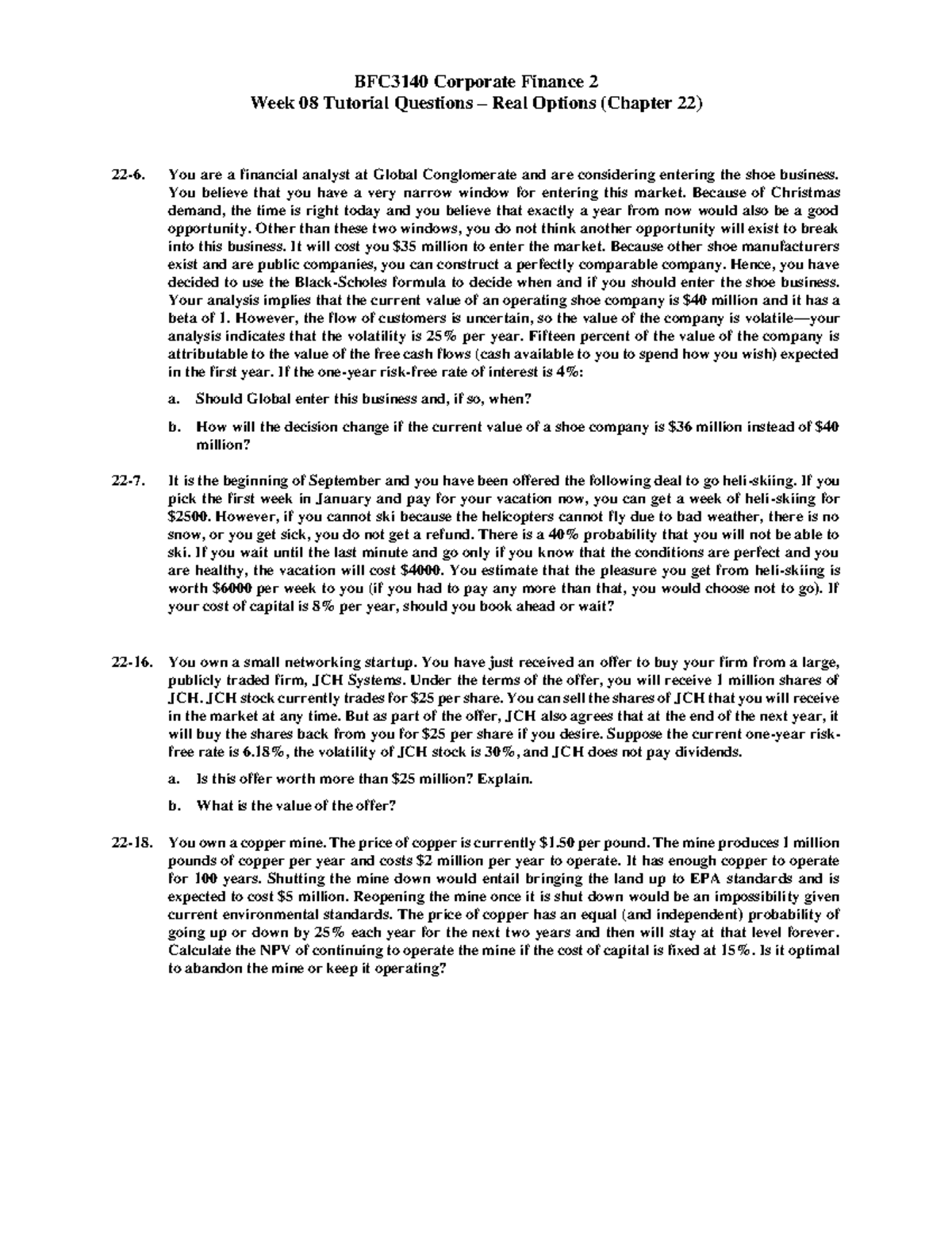 Real Options Analysis - BFC3140 Corporate Finance 2 Tutorial Questions ...