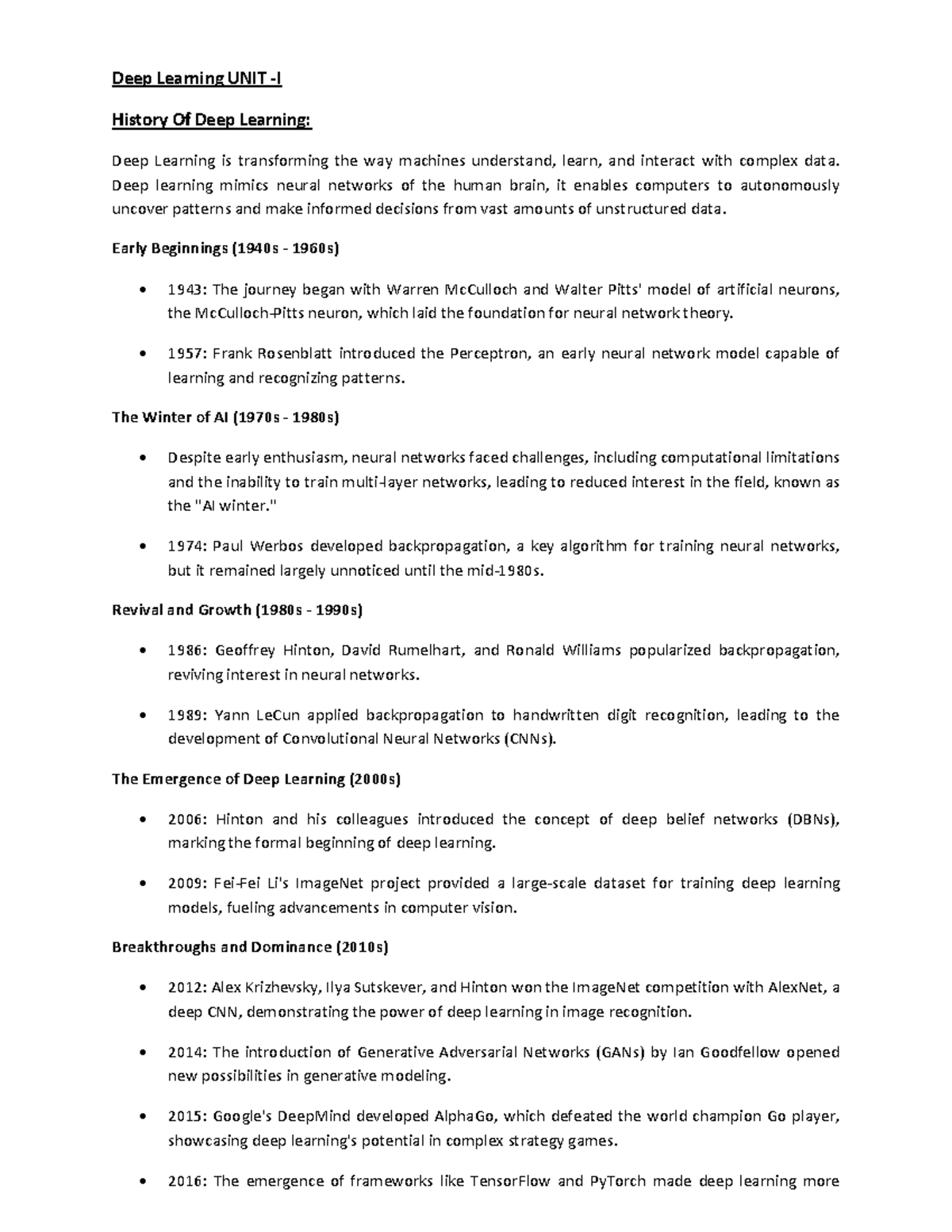 DL-UNIT 1 - History and Evolution of Deep Learning Techniques - Studocu