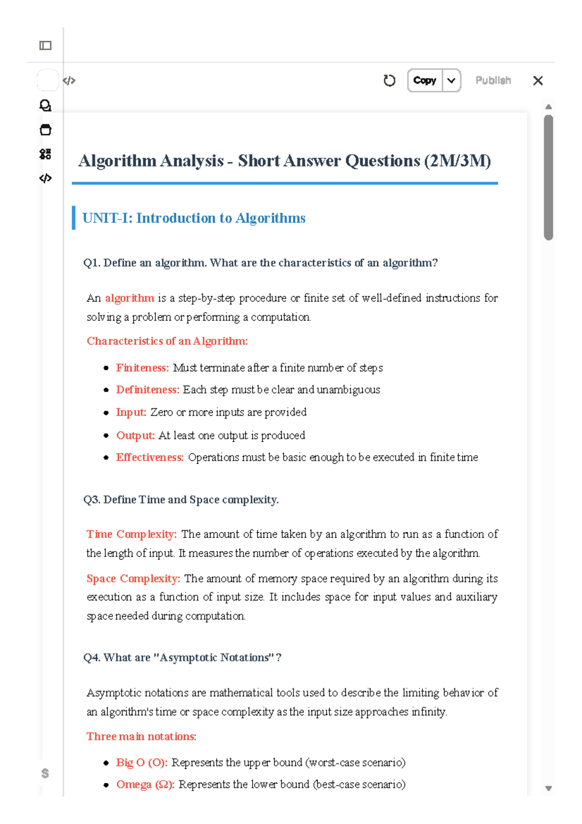Algorithm Analysis: 2M & 3M Short Answer Exam Responses - Studocu