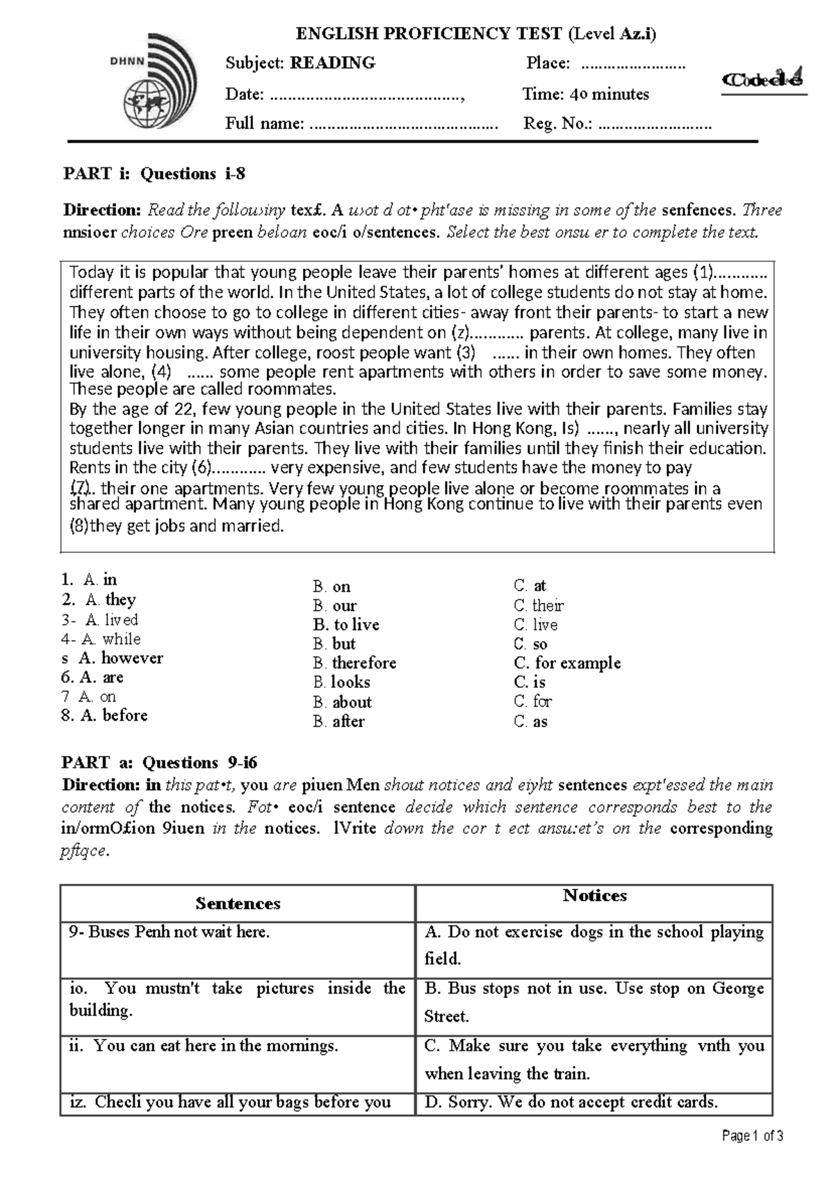 ENGLISH PROFICIENCY TEST (Level Az.i) - READING Practice Document - Studocu