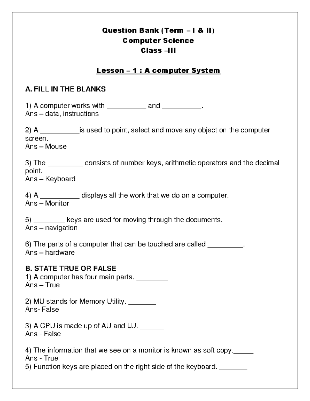 Class 3 Computer Science Question Bank: Lesson 1 & 2 Review - Studocu