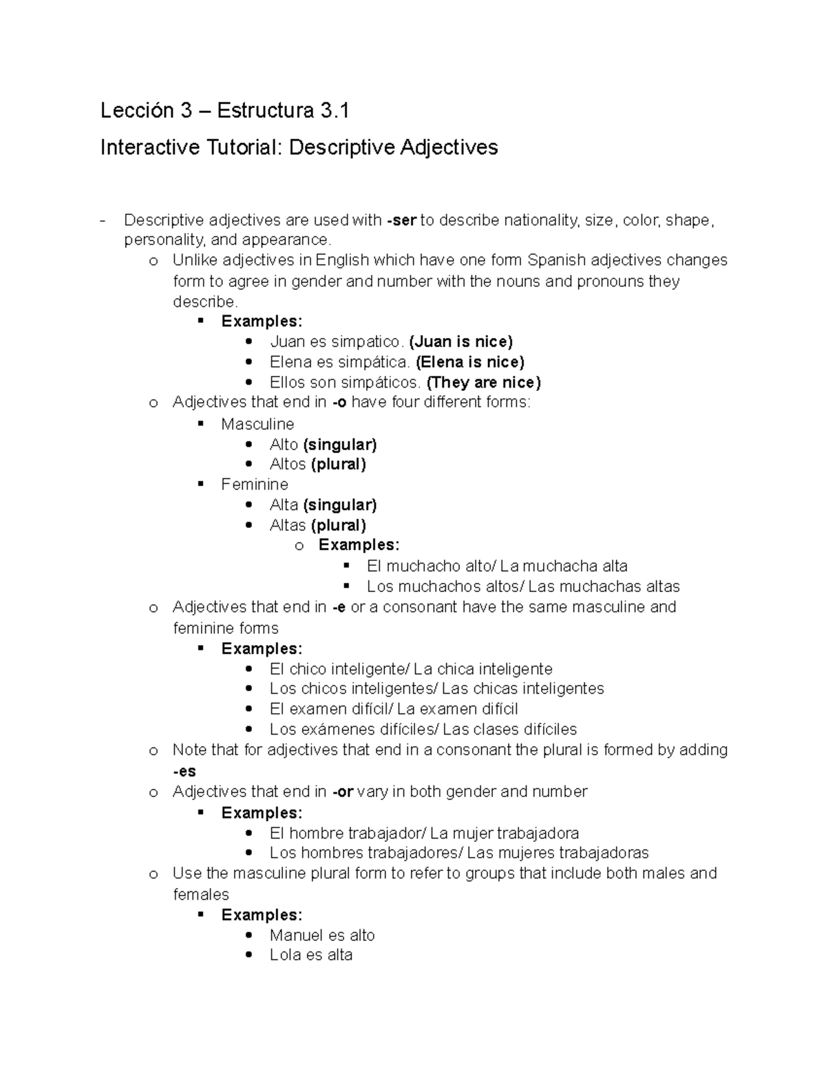 Lección 3 - Estructura 3.1 - Tutorial Notes on Descriptive Adjectives ...