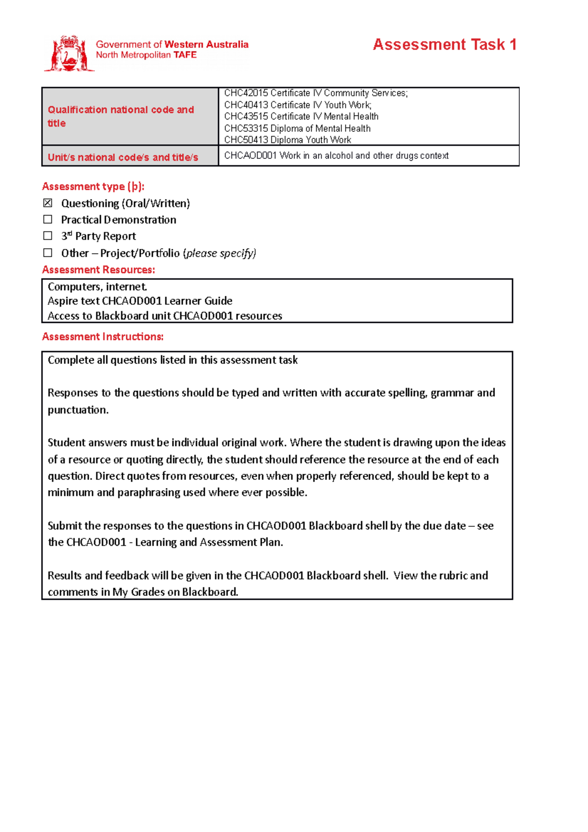 CHCAOD001 AT1 Assessment Questions and Case Study on AOD Use - Studocu
