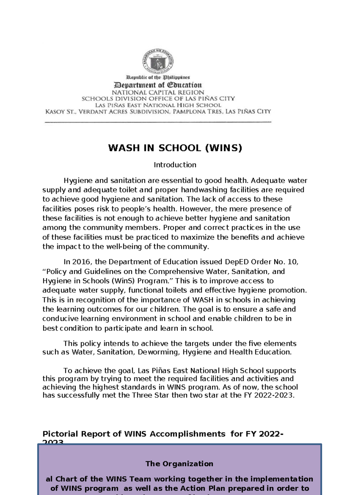 WINS Project Accomplishment Report for FY 2022-2023 at LPENHS - Studocu
