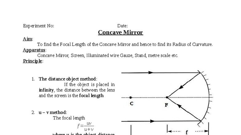 Experiment No: Focal Length of Concave Mirror - Physics Lab - Studocu