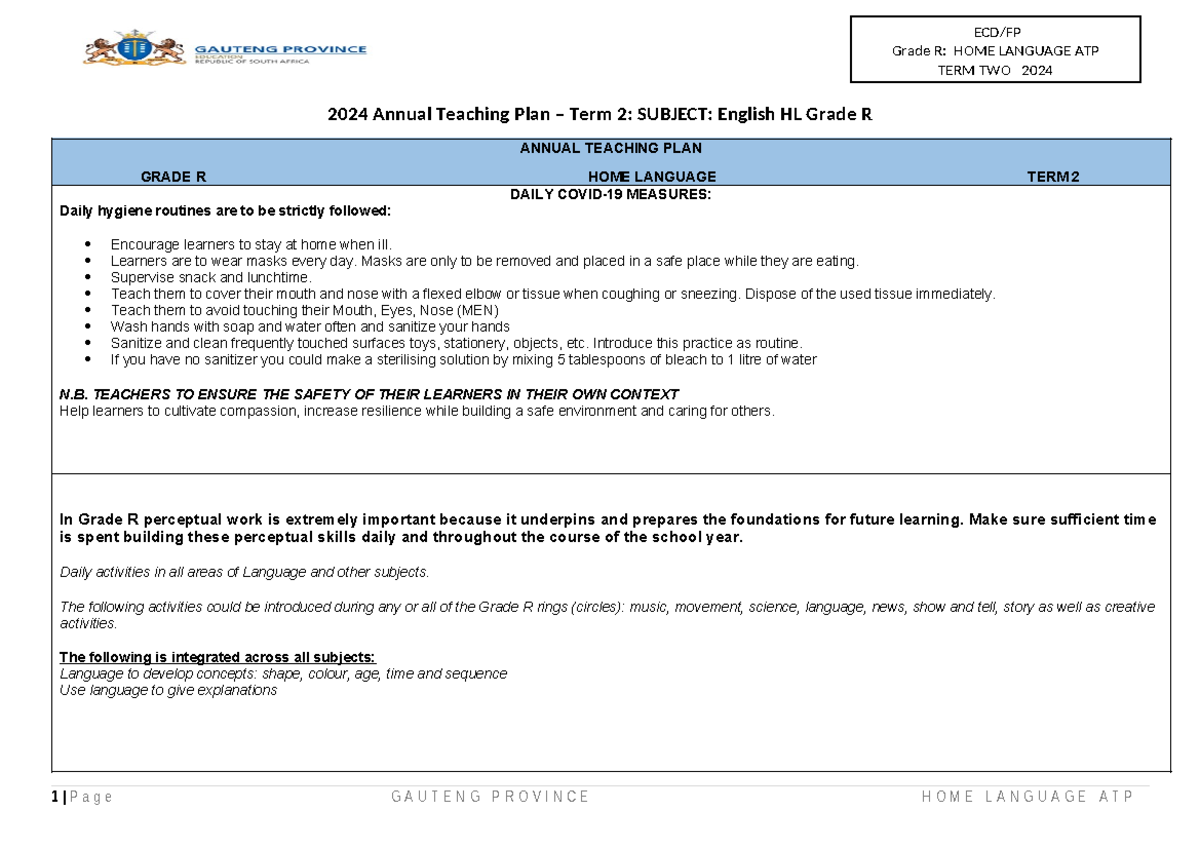 Grade R English HL ATP Term 2 Annual Plan 2024 - Studocu