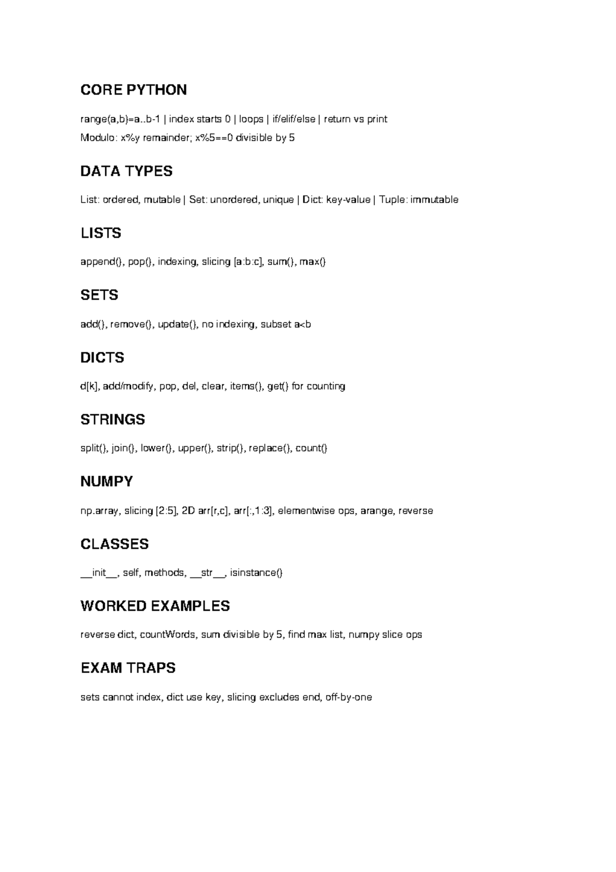 CITS2401 FULL Cheat Sheet - CORE PYTHON range(a,b)=a.-1 | index starts ...