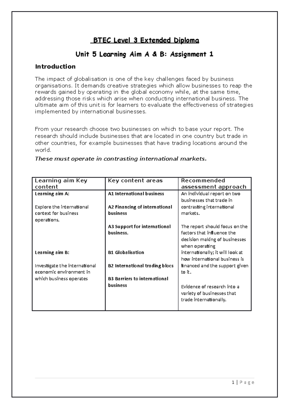BTEC Level 3 Unit 5: International Business Assignment 1 Checklist ...