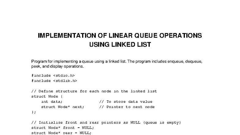 CS101: Implementing Linear Queue Operations with Linked List - Studocu