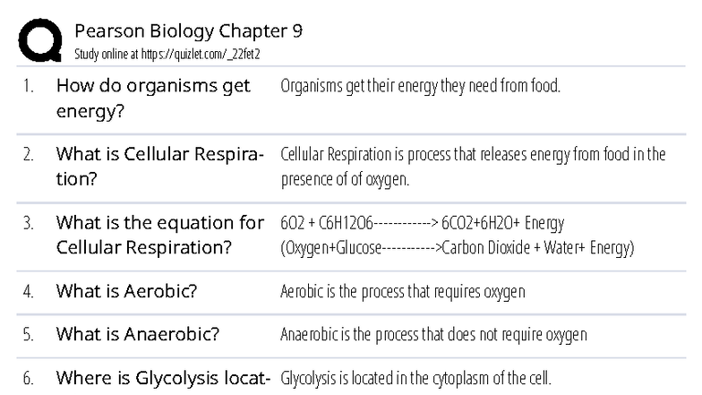 Pearson Biology Ch9 Study Notes: Energy & Cellular Respiration - Studocu