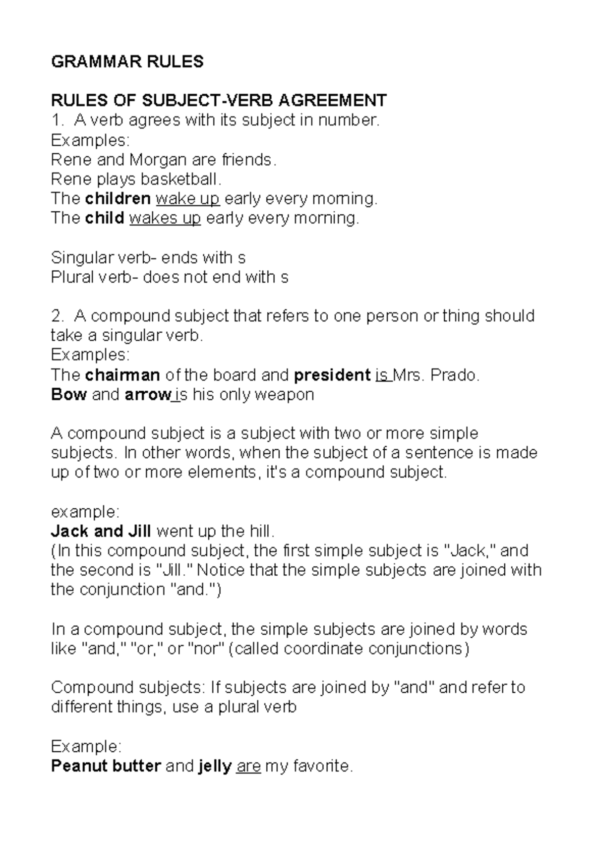 Grammar Rules - GRAMMAR RULES RULES OF SUBJECT-VERB AGREEMENT A verb ...