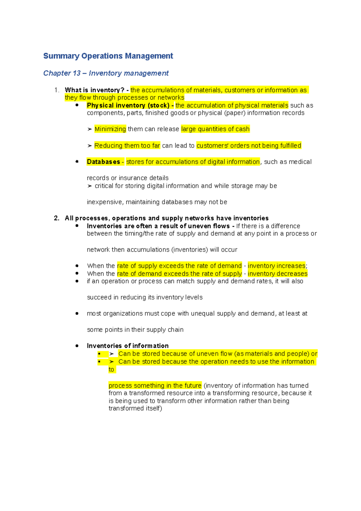 Summary of Operations Management 2: Chapter Insights on Inventory ...