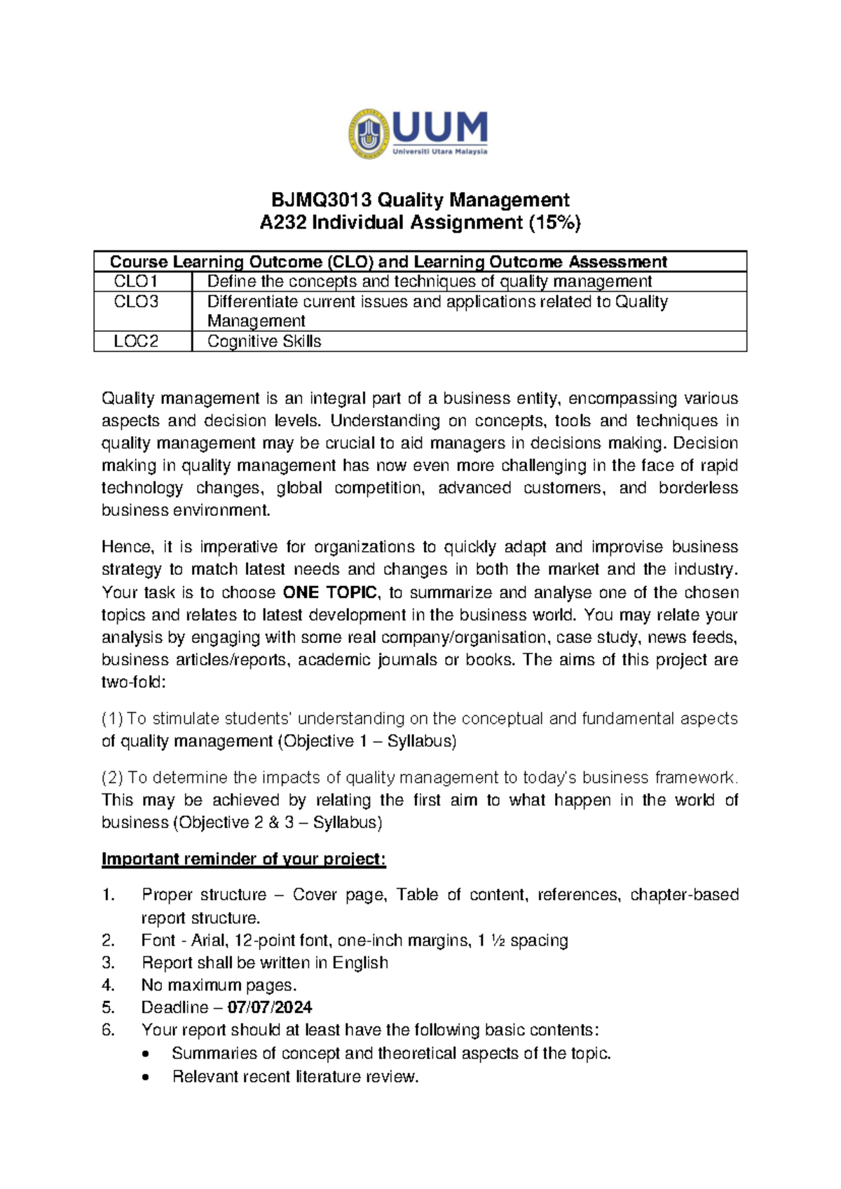 Assignment 2 (Individual) - BJMQ3013 Quality Management A232 Individual ...