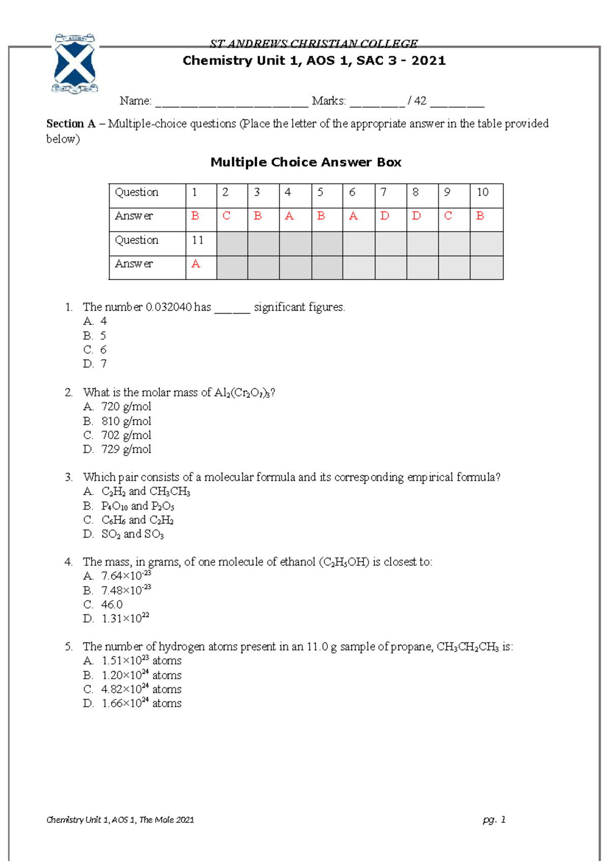 Chemistry Unit 1, AOS 1, SAC 3 2021 - Mole Practice Multiple Choice ...