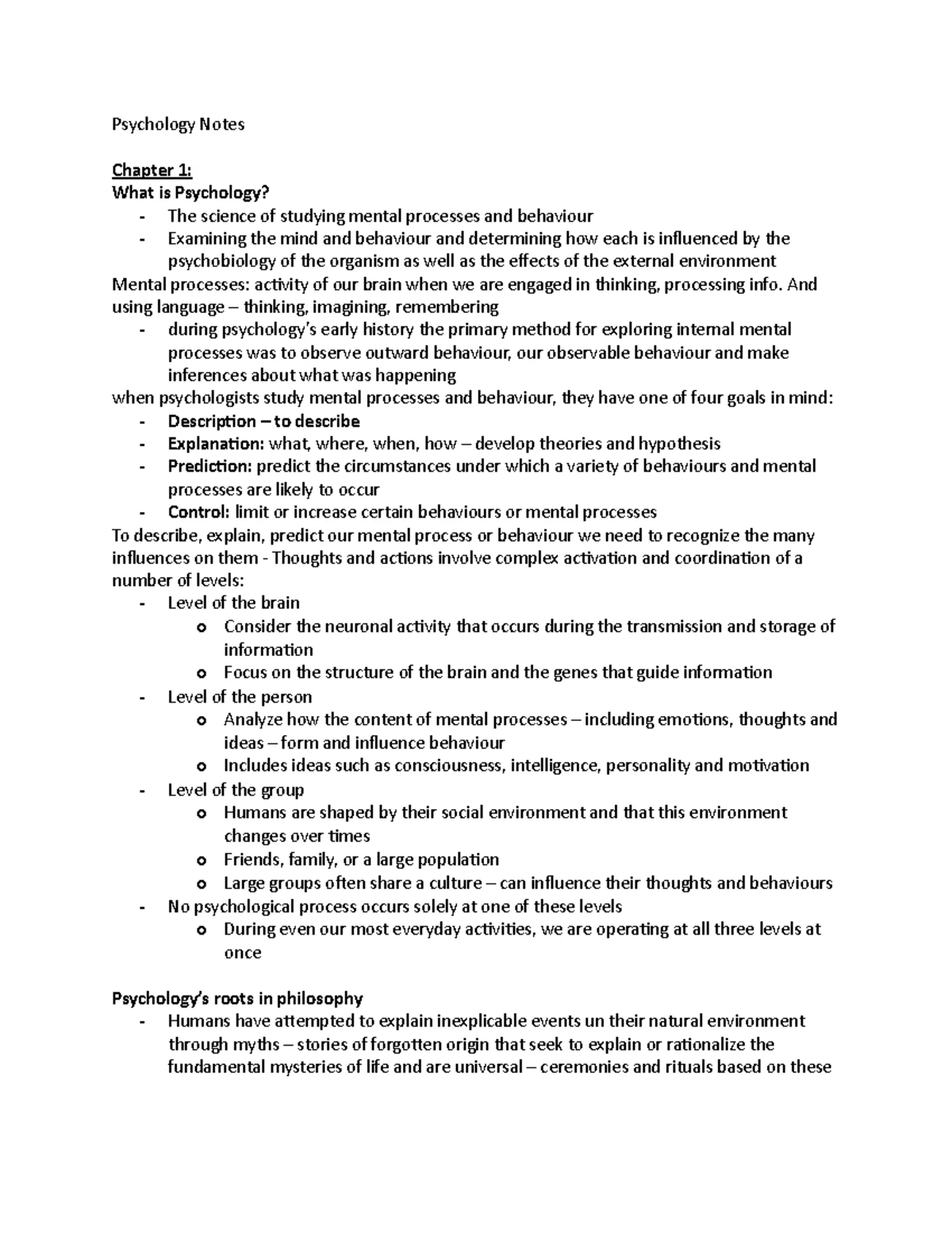 Chapter 1 Notes- Psych Intro - PSYCHOLOGY: CHAPTER 1 – What is ...