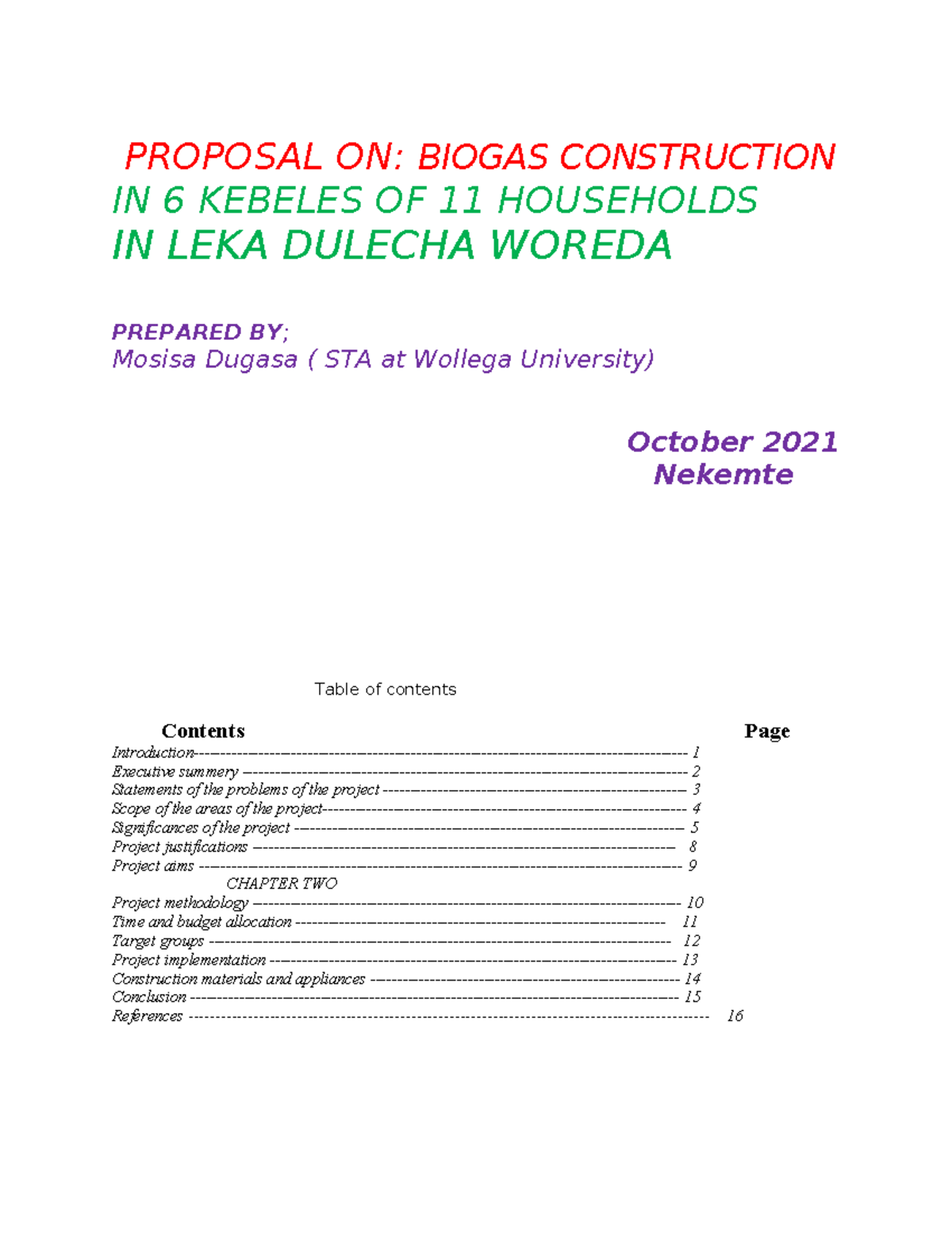 Biogas Construction Proposal for 11 Households in Leka Dullecha Woreda ...