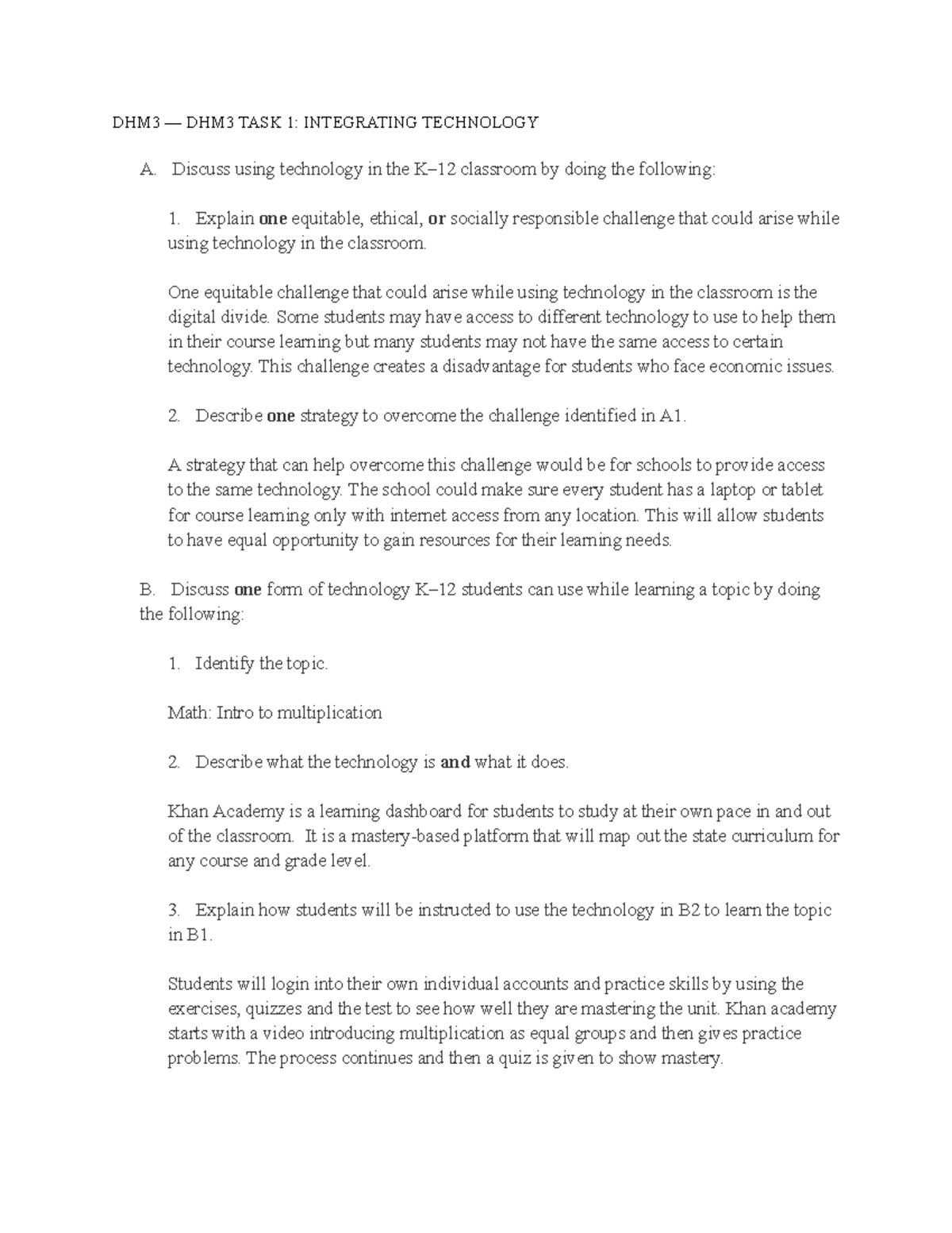 DHM3 Task 1: Challenges & Strategies of Tech in K–12 Classrooms - Studocu