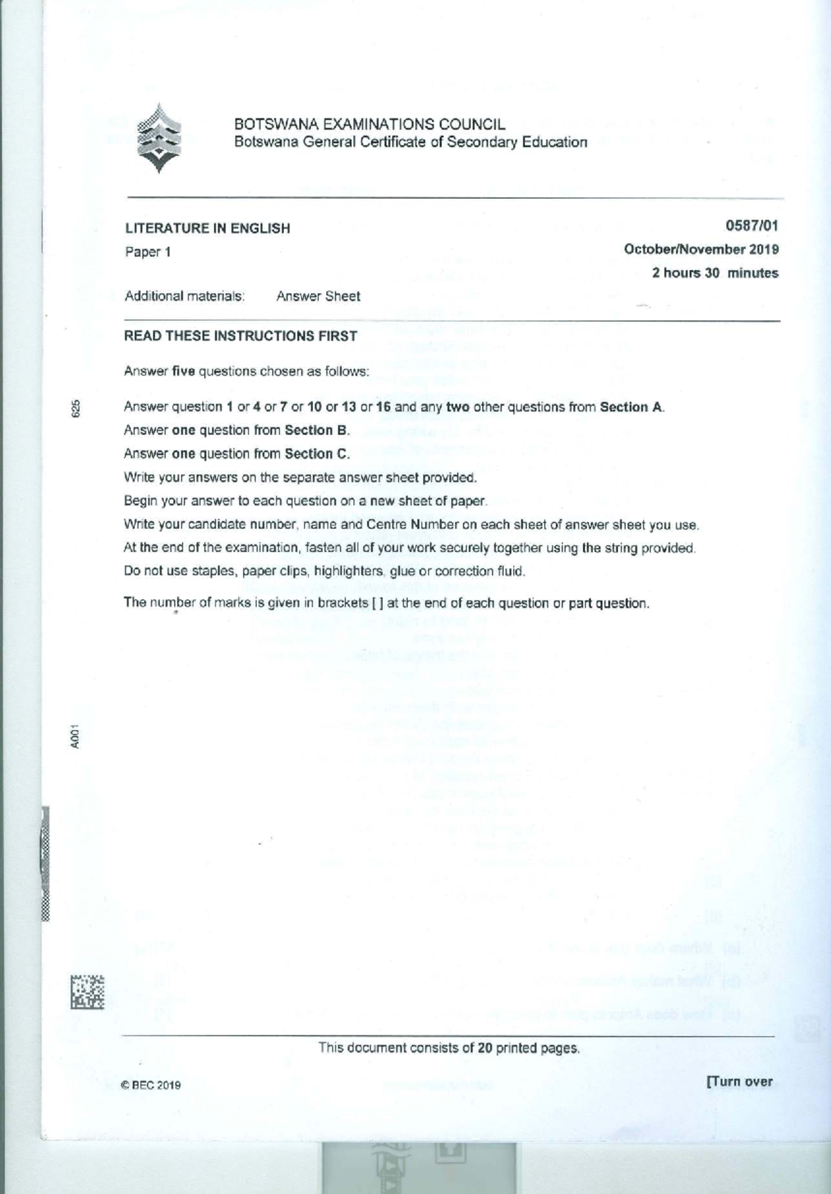 BEC 2019 Literature in English Exam Paper 1 Overview - Studocu