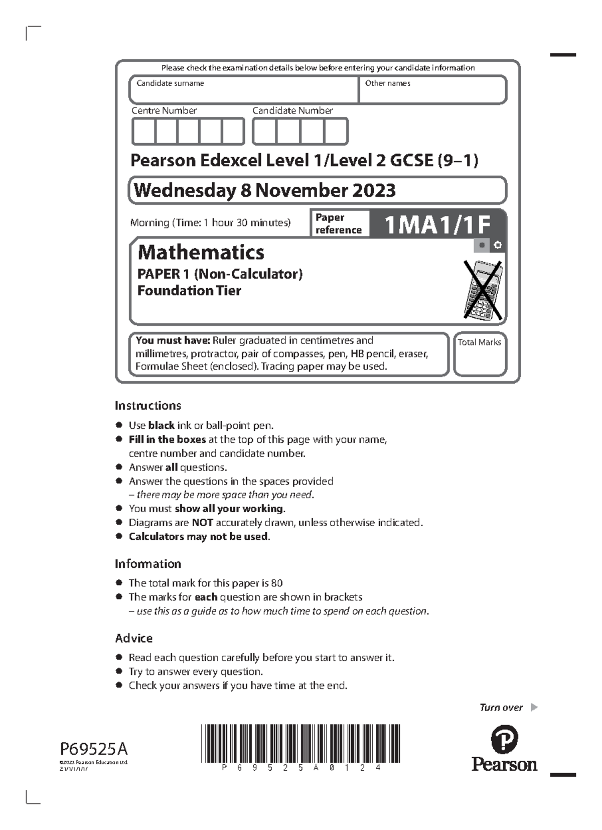 Mathematics Paper 1 Foundation Tier - Pearson Edexcel Level 2 GCSE Exam 2023 - Studocu