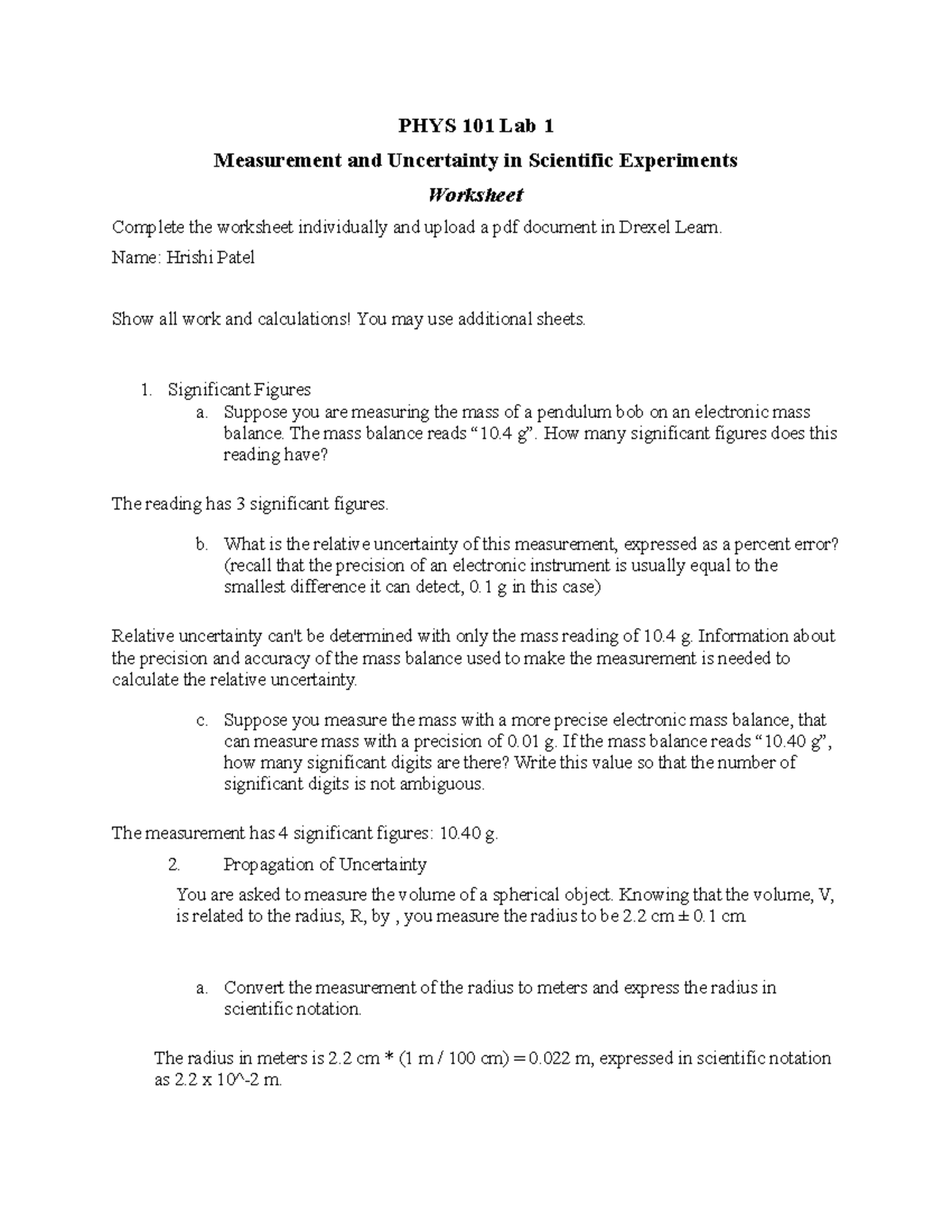 PHYS 101 Lab 1 - Physical 101 lab 1 - PHYS 101 Lab 1 Measurement and Uncertainty in Scientific ...