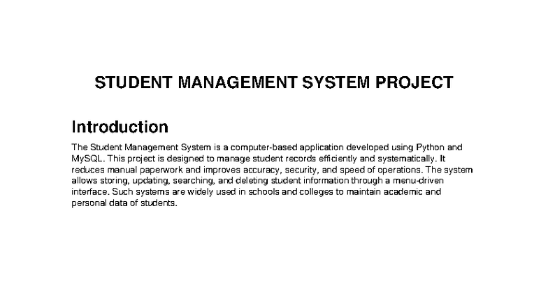 STUDENT MANAGEMENT SYSTEM PROJECT: Python & MySQL Code - Studocu