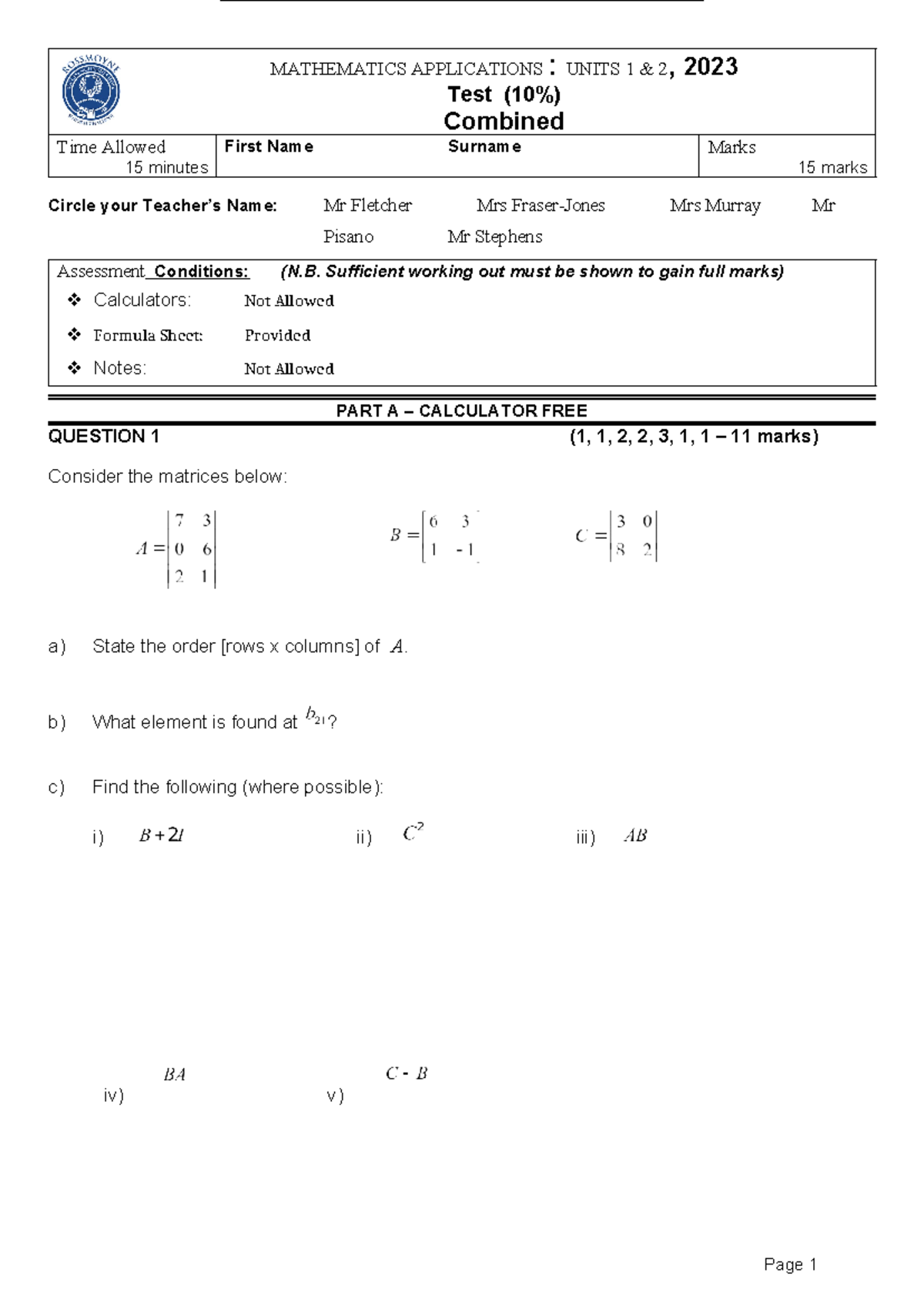 Apps 11 Test 2023 Combined Percentages and Matrices v2 - MATHEMATICS ...
