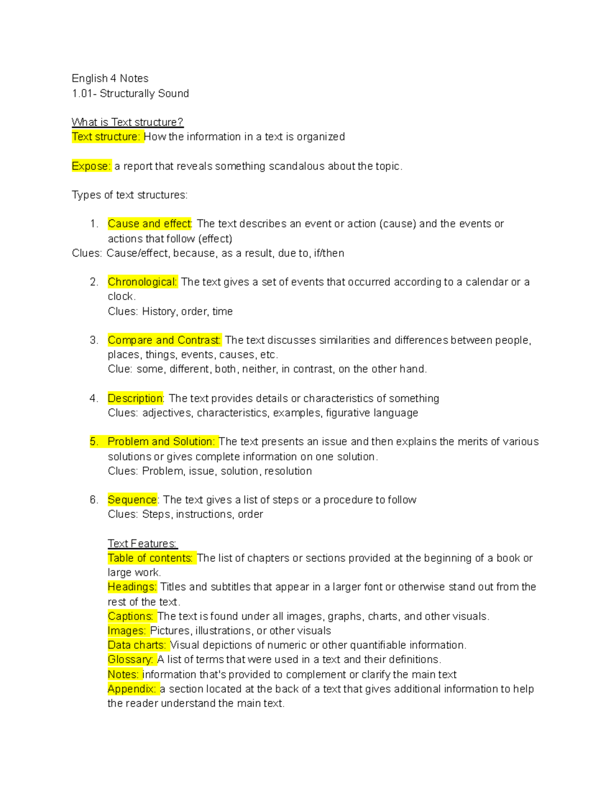English 4 Notes: Understanding Text Structures and Features - Studocu