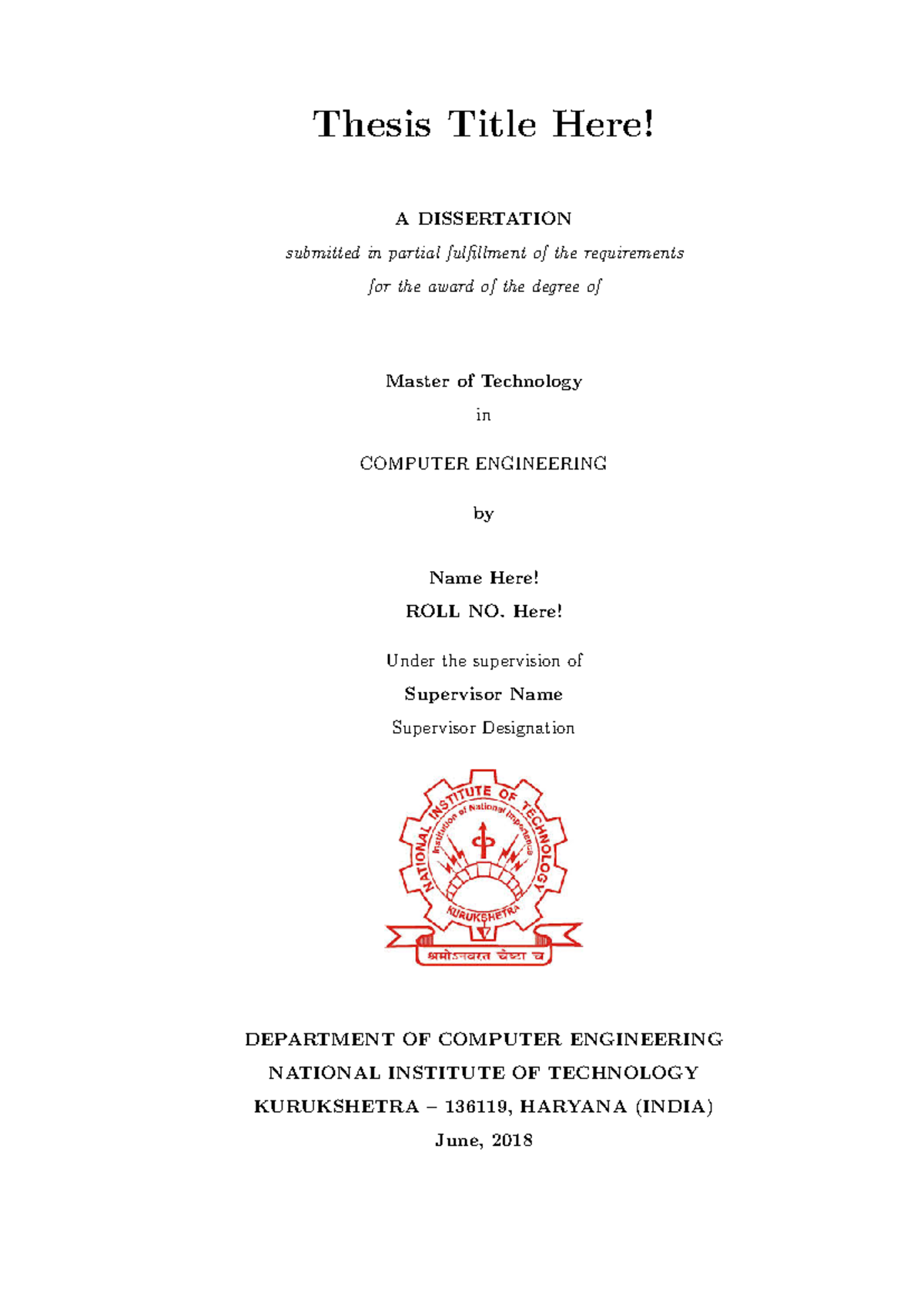 NIT Kurukshetra M.Tech Thesis Template: Computer Engineering Guide ...
