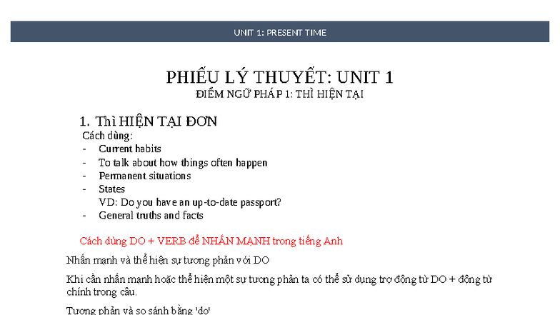 UNIT 1: PRESENT TIME - Grammar Notes on Tenses and Usage - Studocu