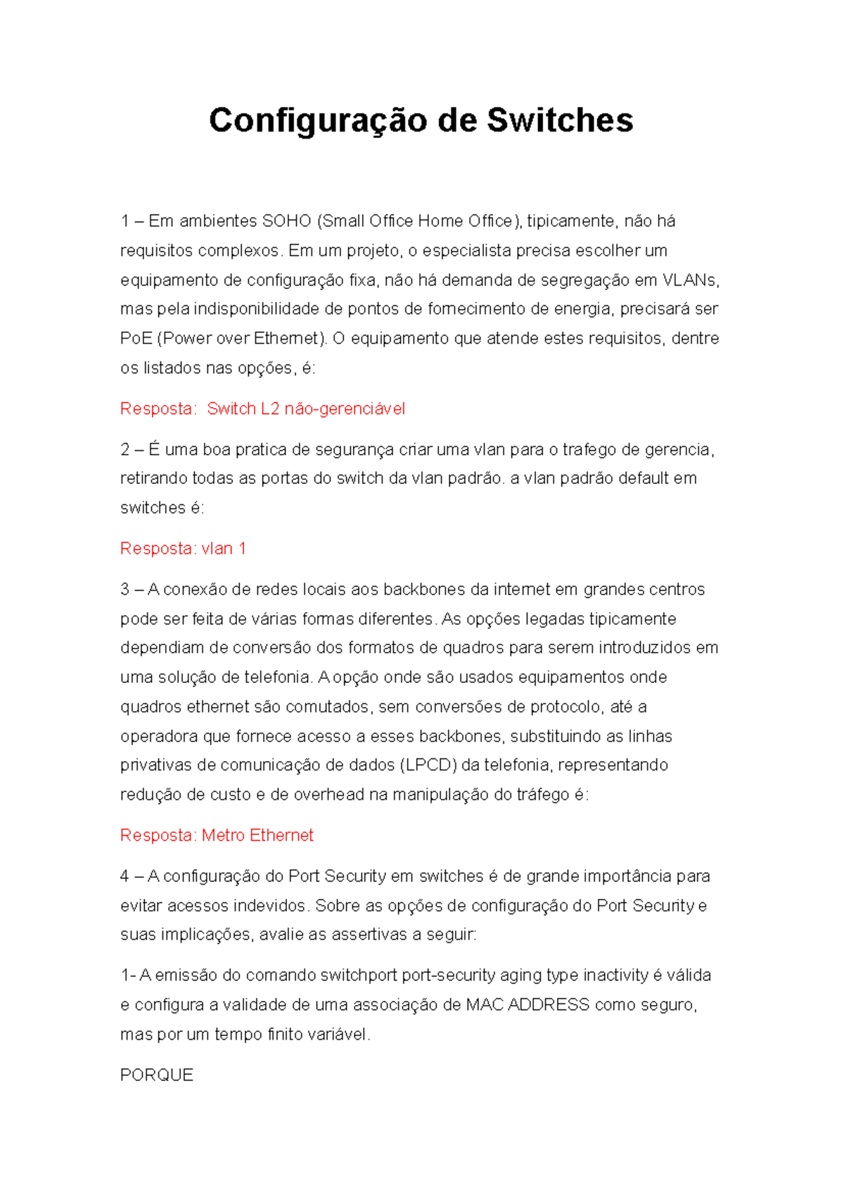 Comutação e VLAN: Perguntas e Respostas - Curso de Redes 1 - Studocu