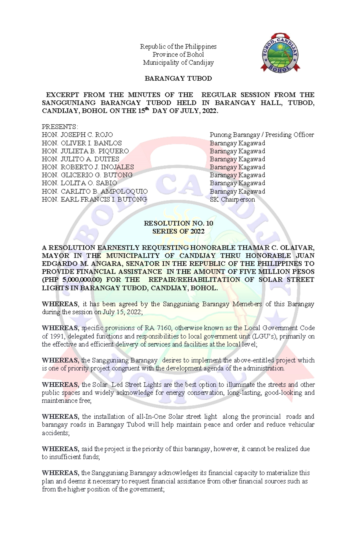 Resolution No. 10 Series of 2022: Funding for Solar Street Lights in ...