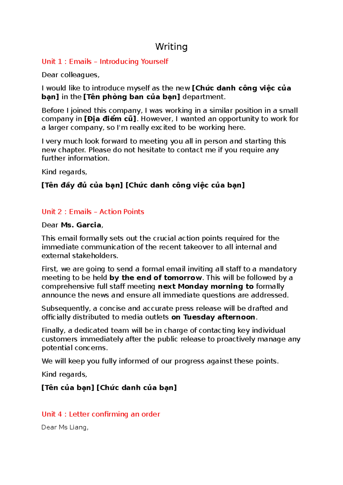 Unit 1: Email Introductions and Action Points - Studocu