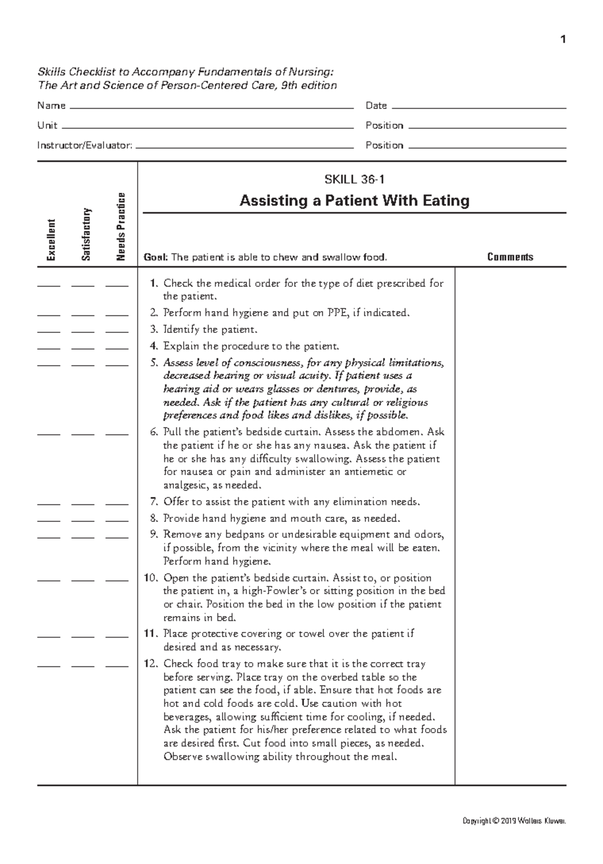 Assisting patient with eating - 1 Skills Checklist to Accompany ...