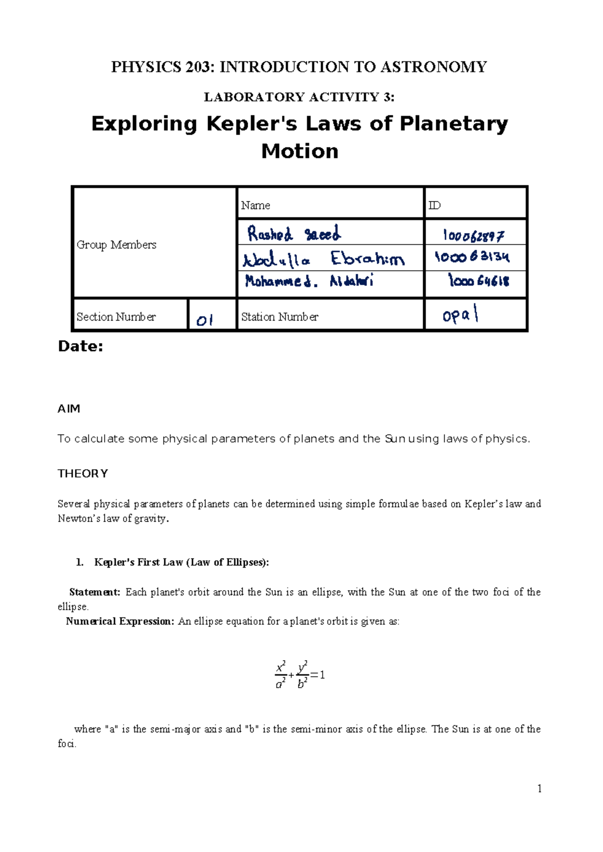 PHYSICS 203: LAB ACTIVITY 3 - Exploring Kepler's Laws of Planetary ...