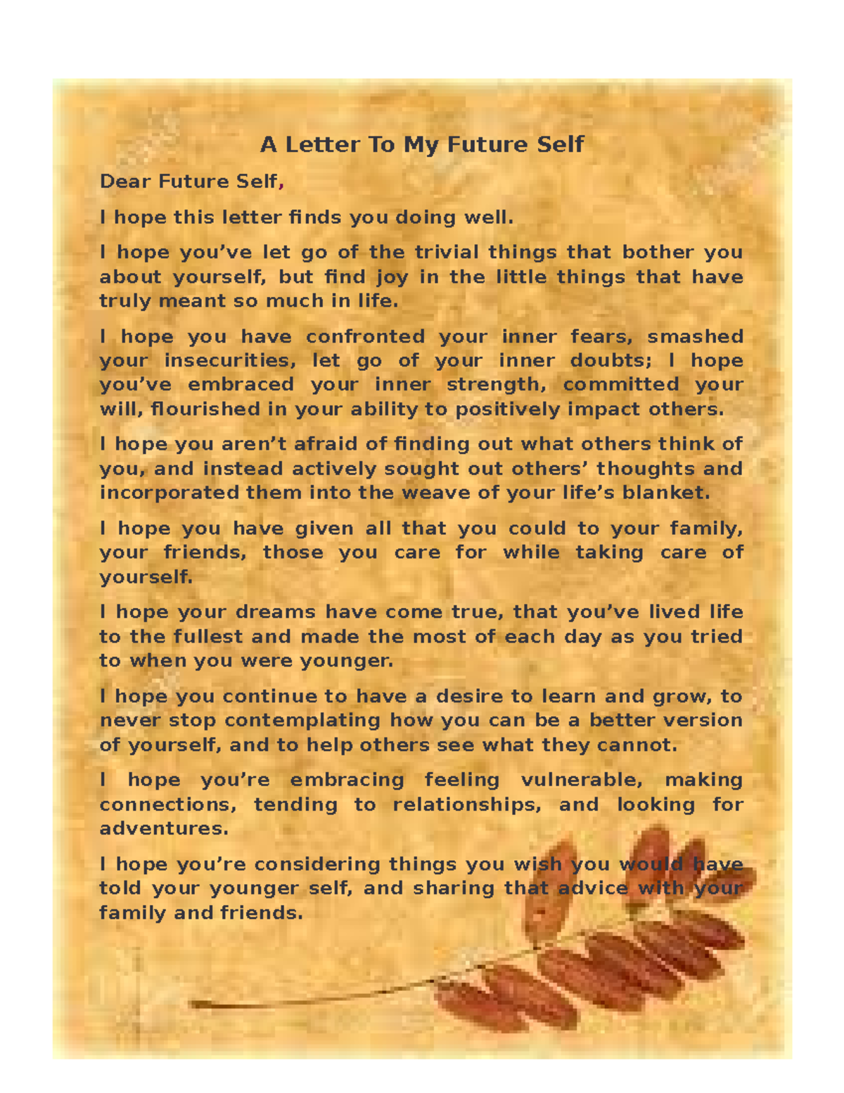 A Letter to My Future Self: Reflections and Hopes for Growth - Studocu