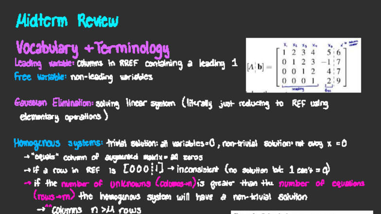 Math 340 Midterm 1 Review: Vocabulary & Gaussian Elimination - Studocu