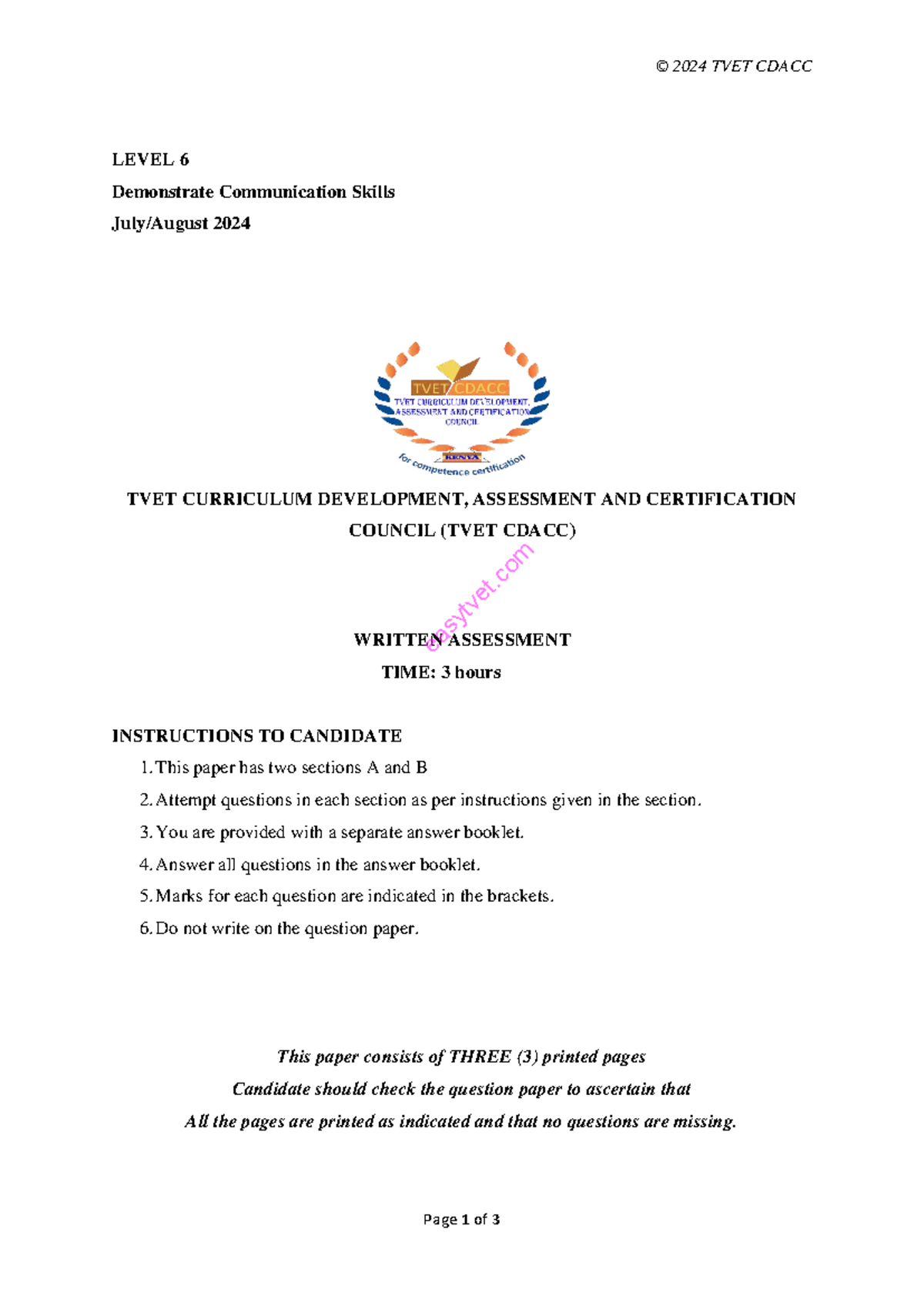2024 TVET CDACC Level 6 Communication Skills Written Assessment - Studocu