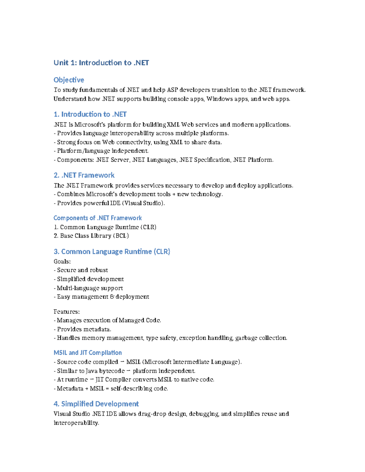 Unit 1: Introduction to .NET Framework Fundamentals - Studocu