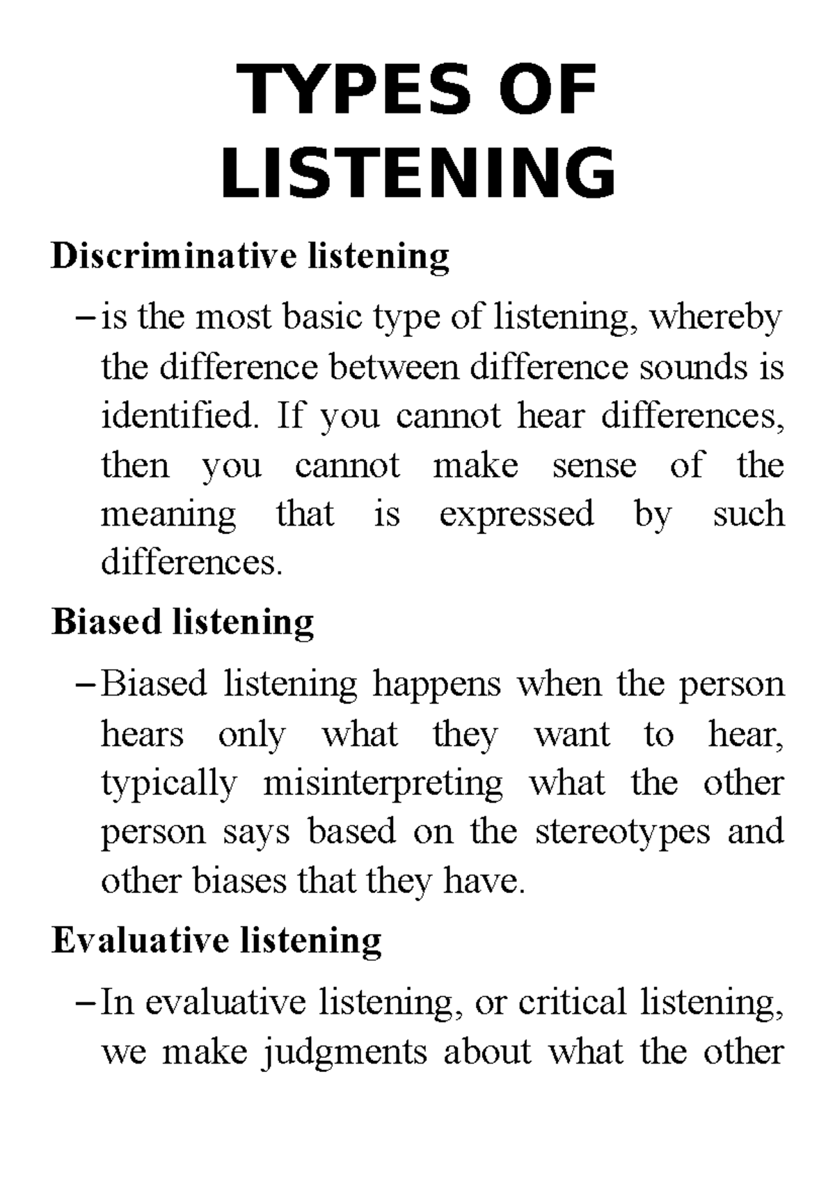 Types of Listening - Comprehensive Report on Key Concepts - Studocu