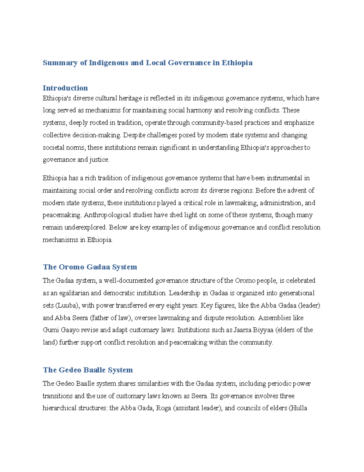 Indigenous Governance & Conflict Resolution in Ethiopia (ANTH 101 ...