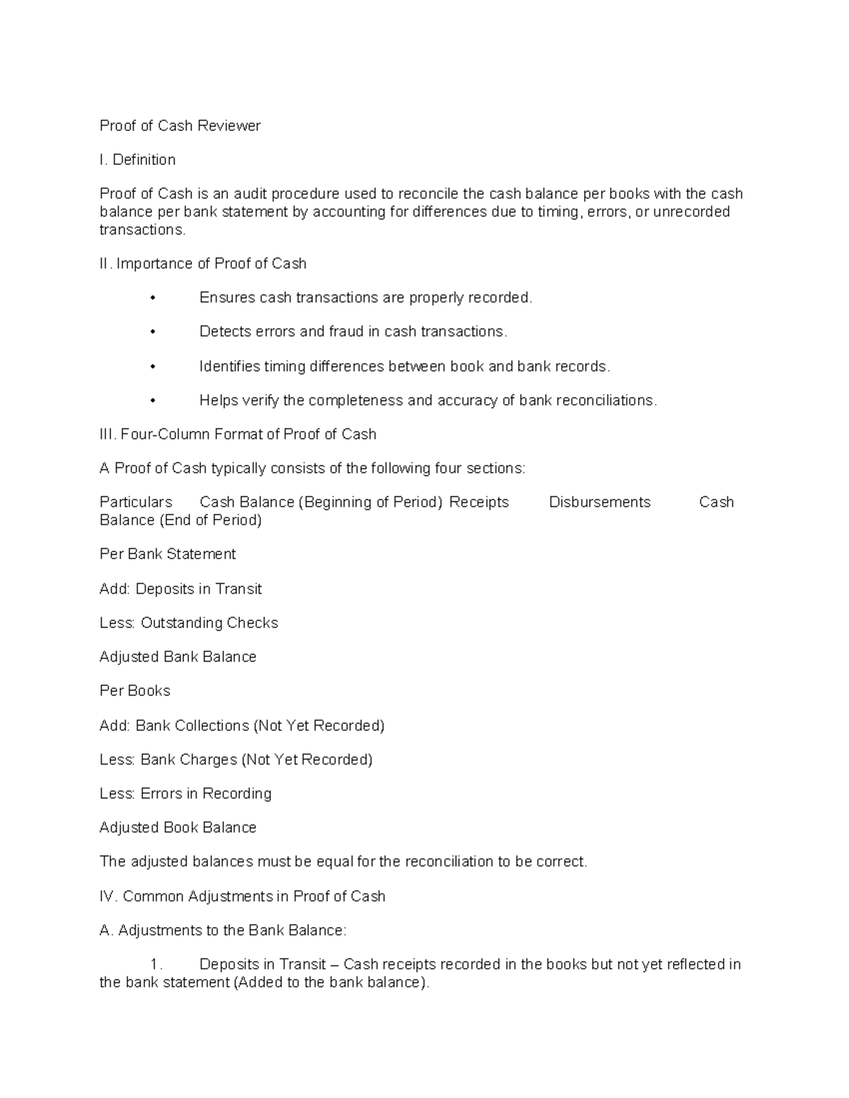 Proof of Cash Reconciliation Guide for Audit Procedures - Studocu