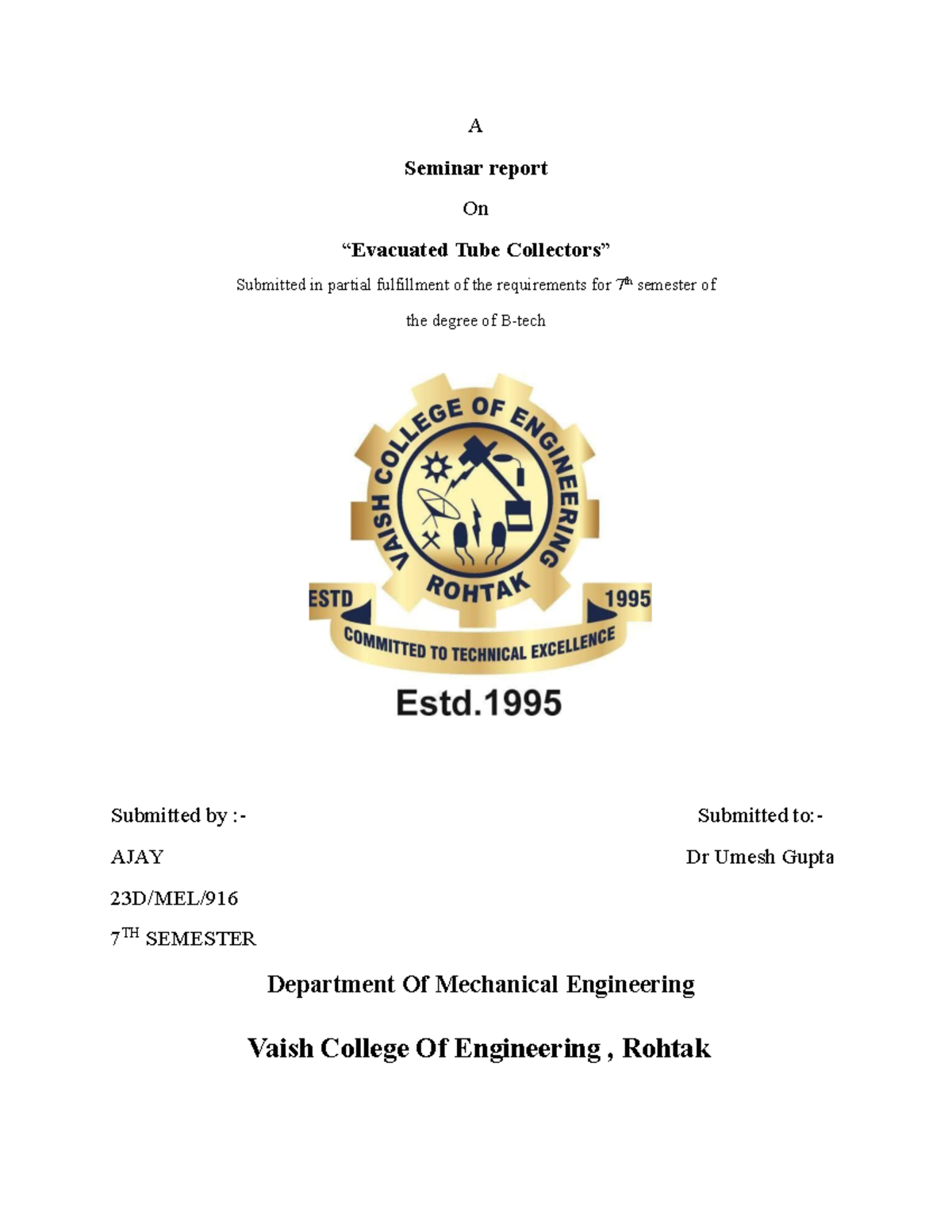 Seminar Report on Evacuated Tube Solar Collectors - ME 7th Sem - Studocu