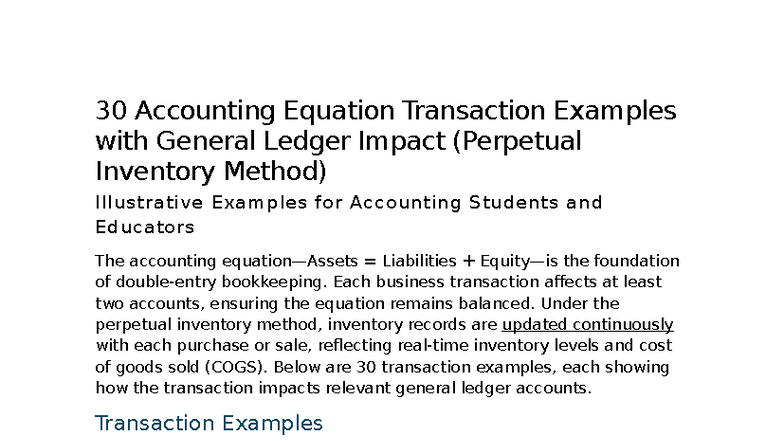 Accounting Equation Transactions: 30 Examples & Ledger Impact (ACCT 101 ...