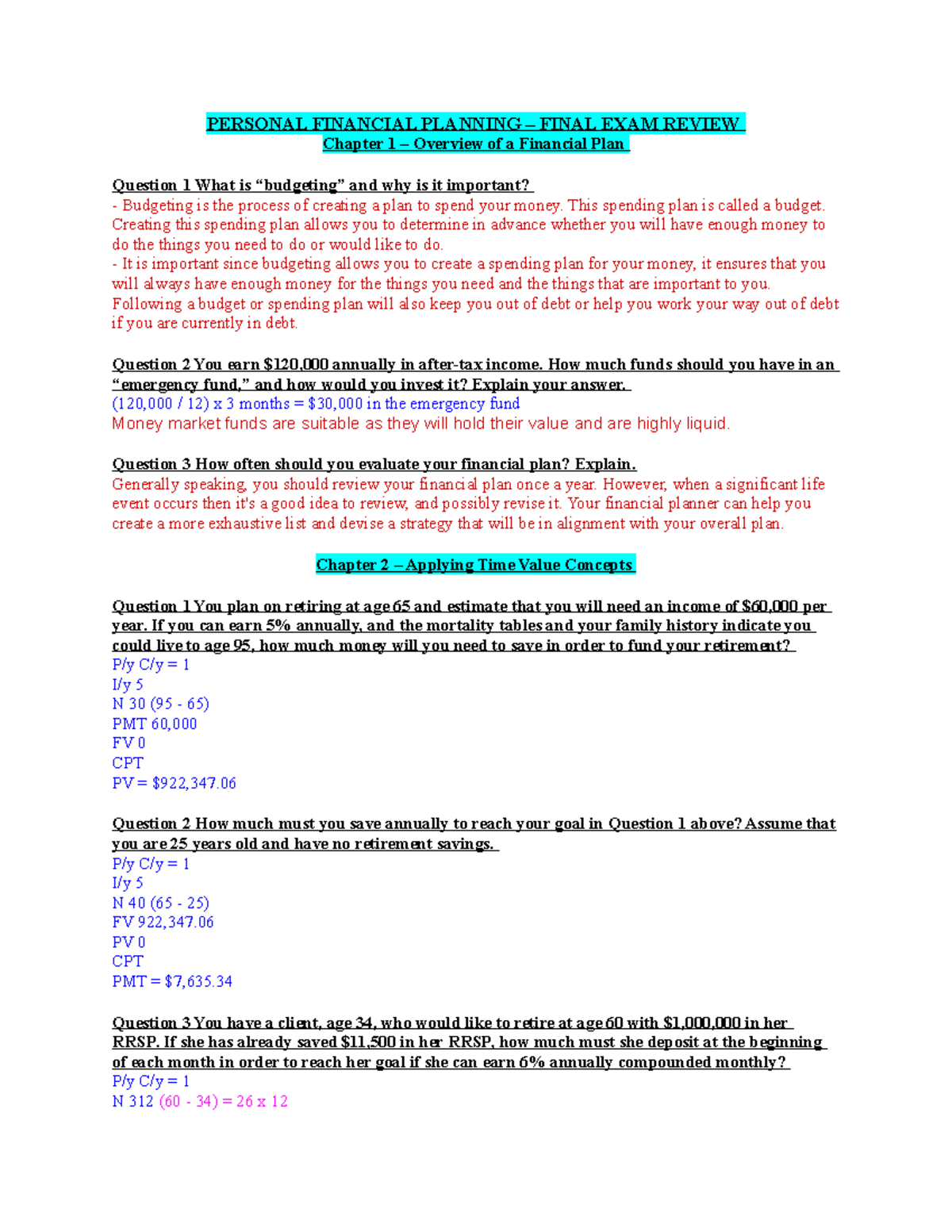 FIN 202: Personal Financial Planning - Final Exam Review Q&A - Studocu
