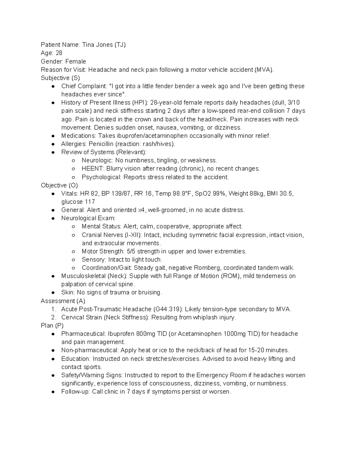 Neuro SOAP Note for Patient TJ - Headache & Neck Pain Post-MVA - Studocu
