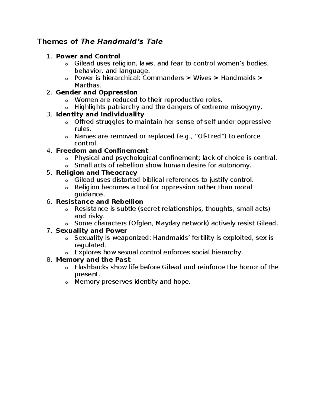 Themes of The Handmaid's Tale: Power, Gender, and Resistance - Studocu