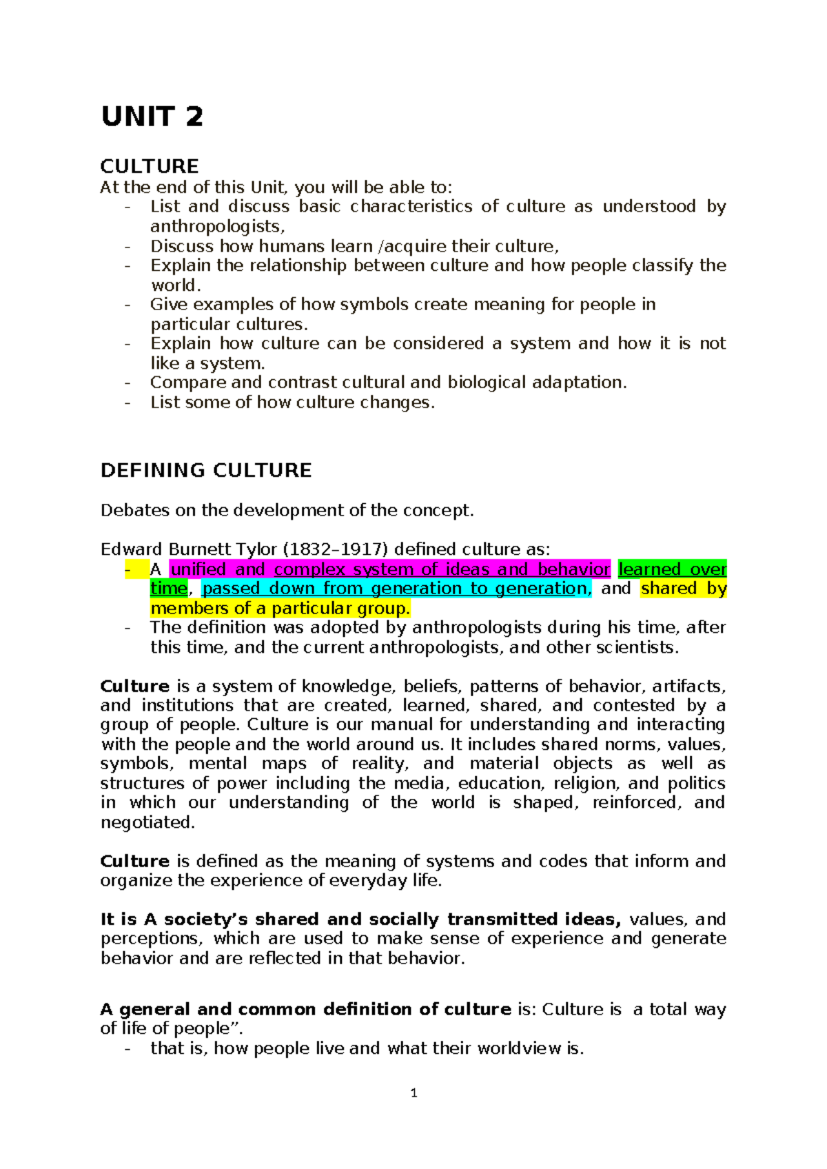 HANT011 UNIT 2- Lecture Notes - UNIT 2 CULTURE At the end of this Unit ...