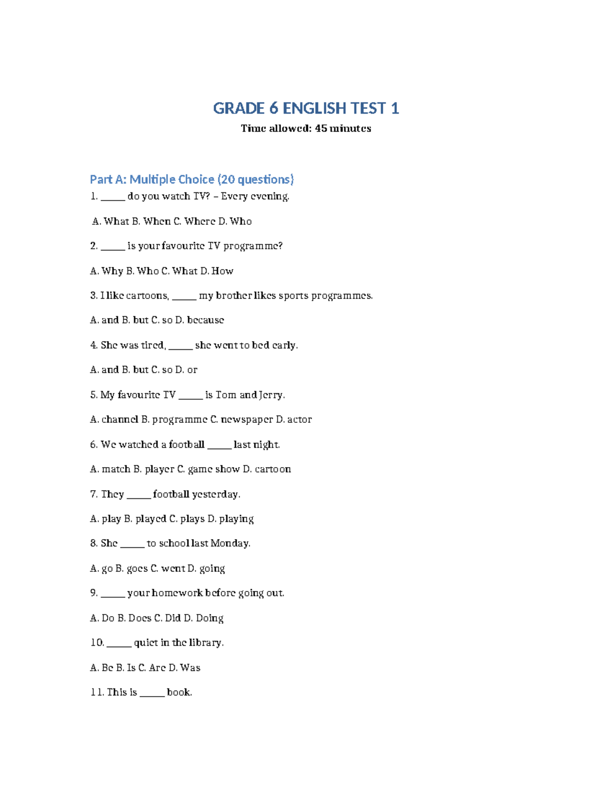 GRADE 6 ENGLISH MIDTERM TEST 2: Multiple Choice & Grammar - Studocu